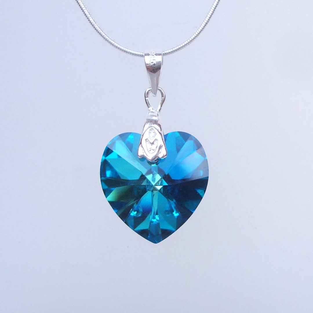 Blue Crystal Heart Necklace, Sterling Silver Bermuda Blue Heart Pendant ...