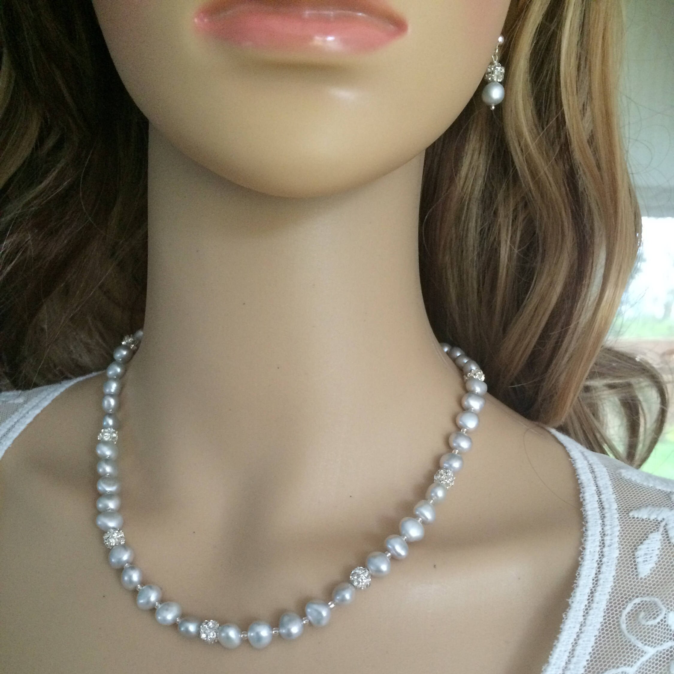 Grey Baroque Freshwater Pearl Necklace With Diamante Ball Beads And
