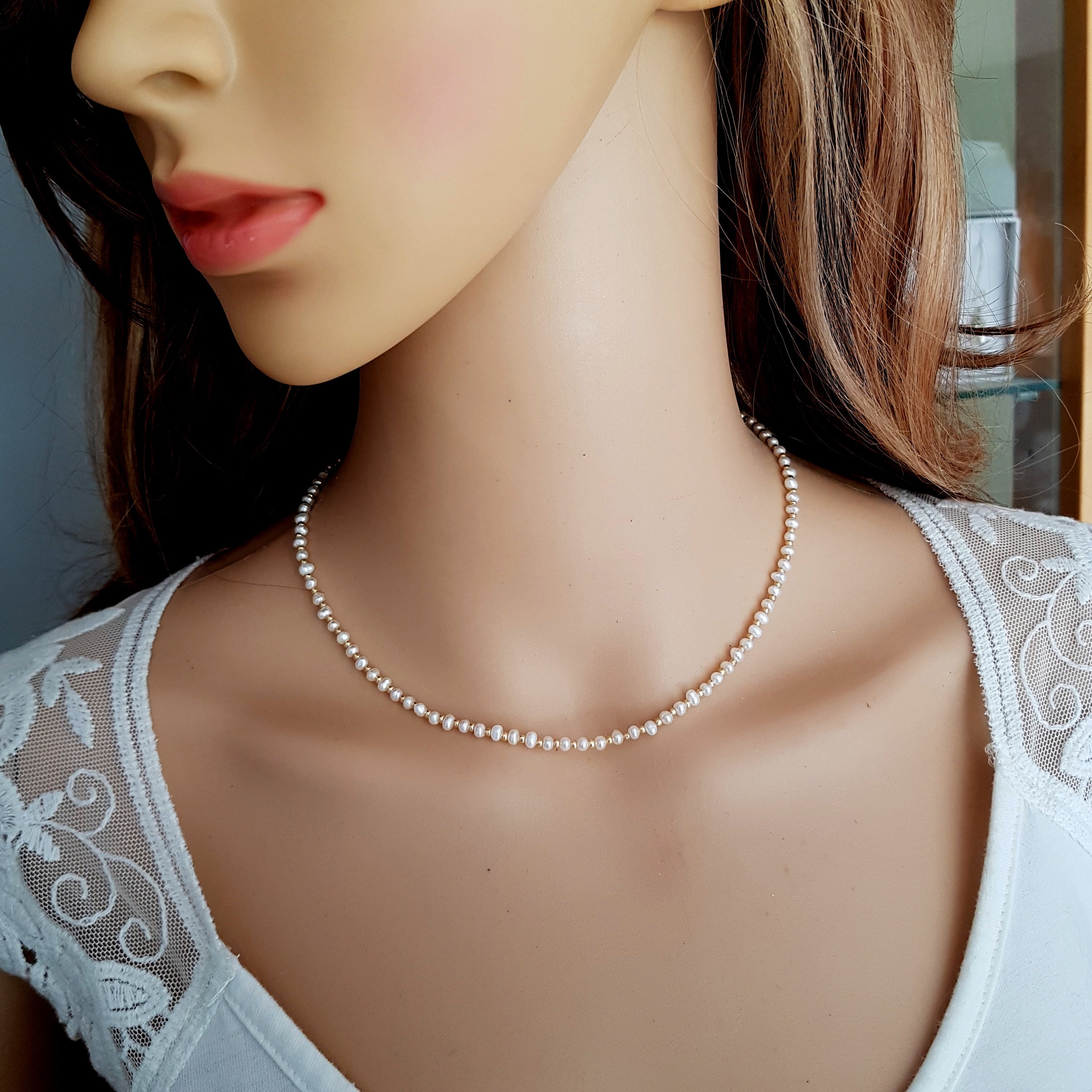 Tiny Freshwater Pearl Necklace Choker 18k Gold Fill Or Etsy Uk