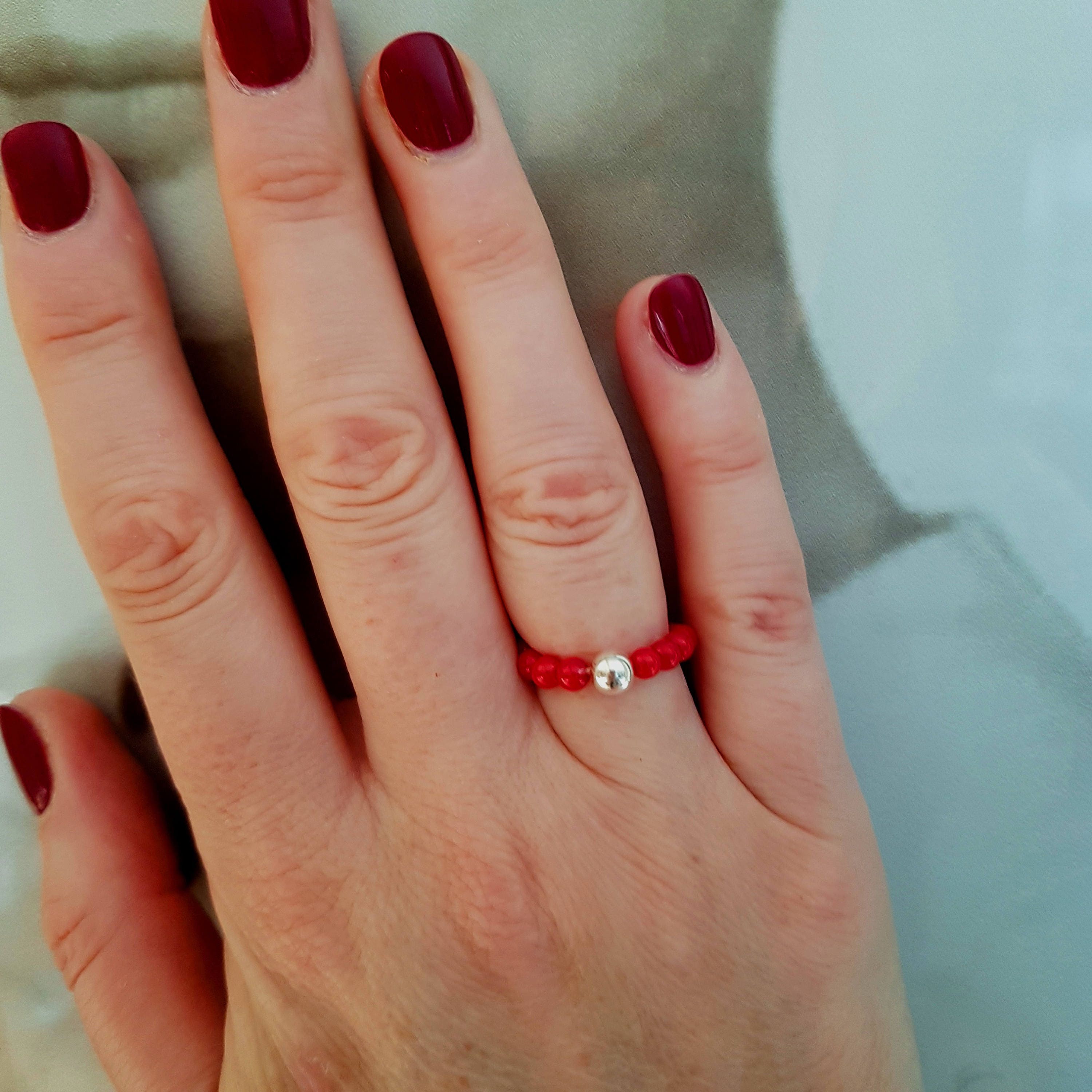 RED CORAL ring Sterling Silver stretch ring - Boho Healing Yoga jewelry ...