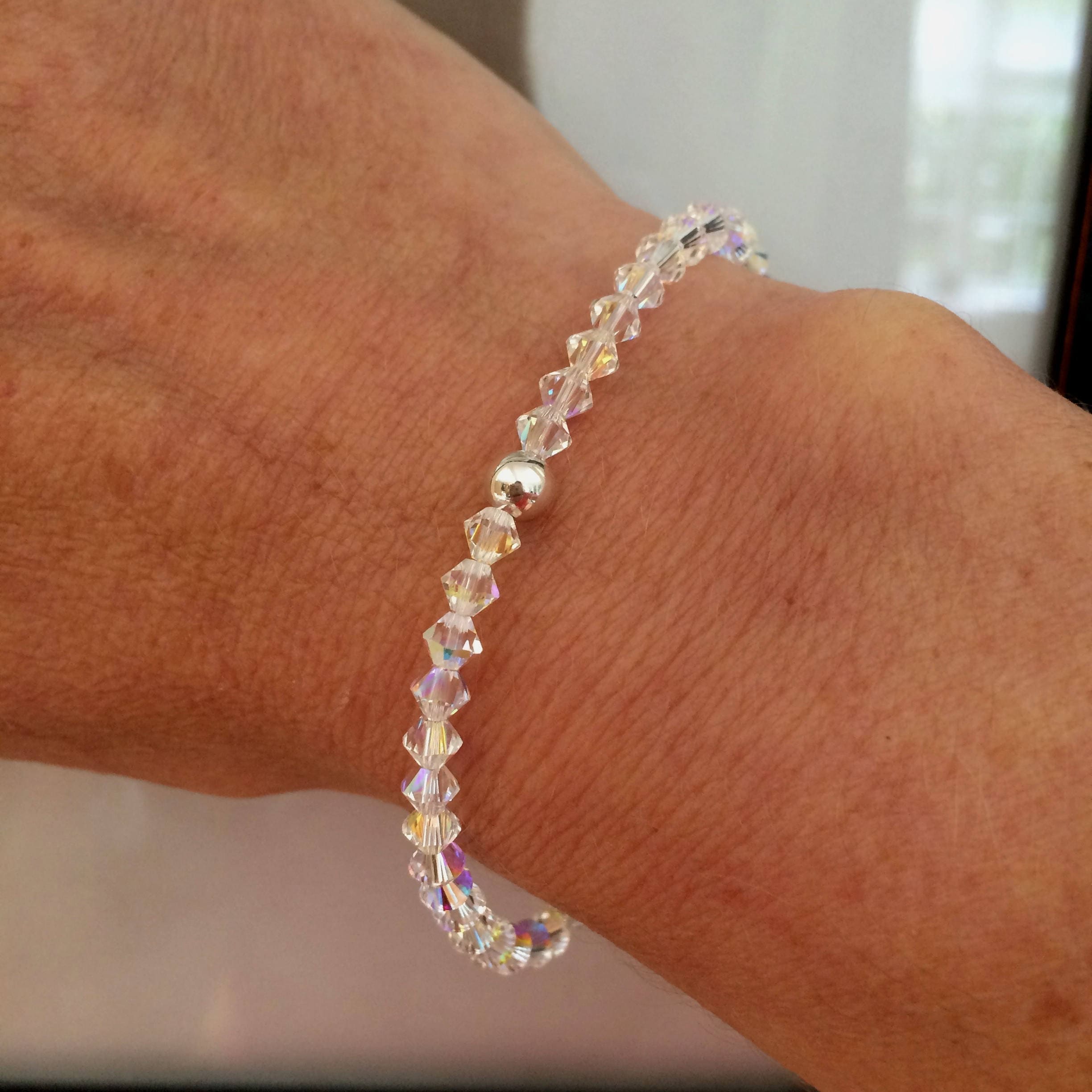 Ab Crystal Stretch Bracelet Sterling Silver Or Gold Bead Ab Crystal