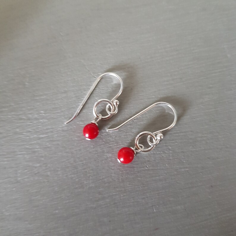 Tiny Red Coral Earrings Sterling Silver Stud Small Coral Drop Earrings ...