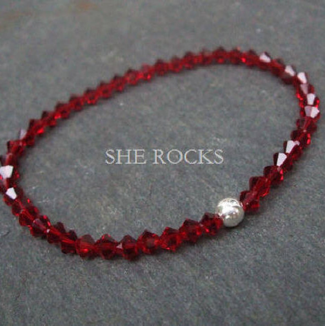 Red Crystal Stretch Bracelet Sterling Silver or Gold Fill Tiny 4mm Siam ...