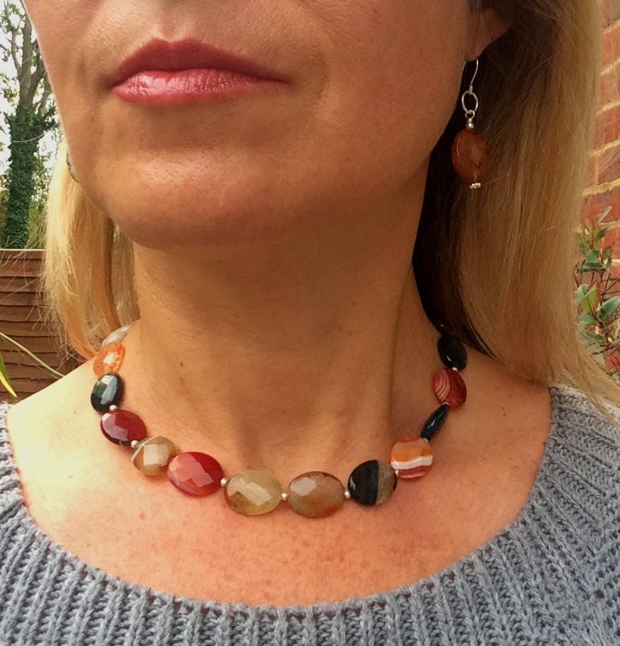 Chunky Agate gemstone necklace and earrings in autumn colours with ...