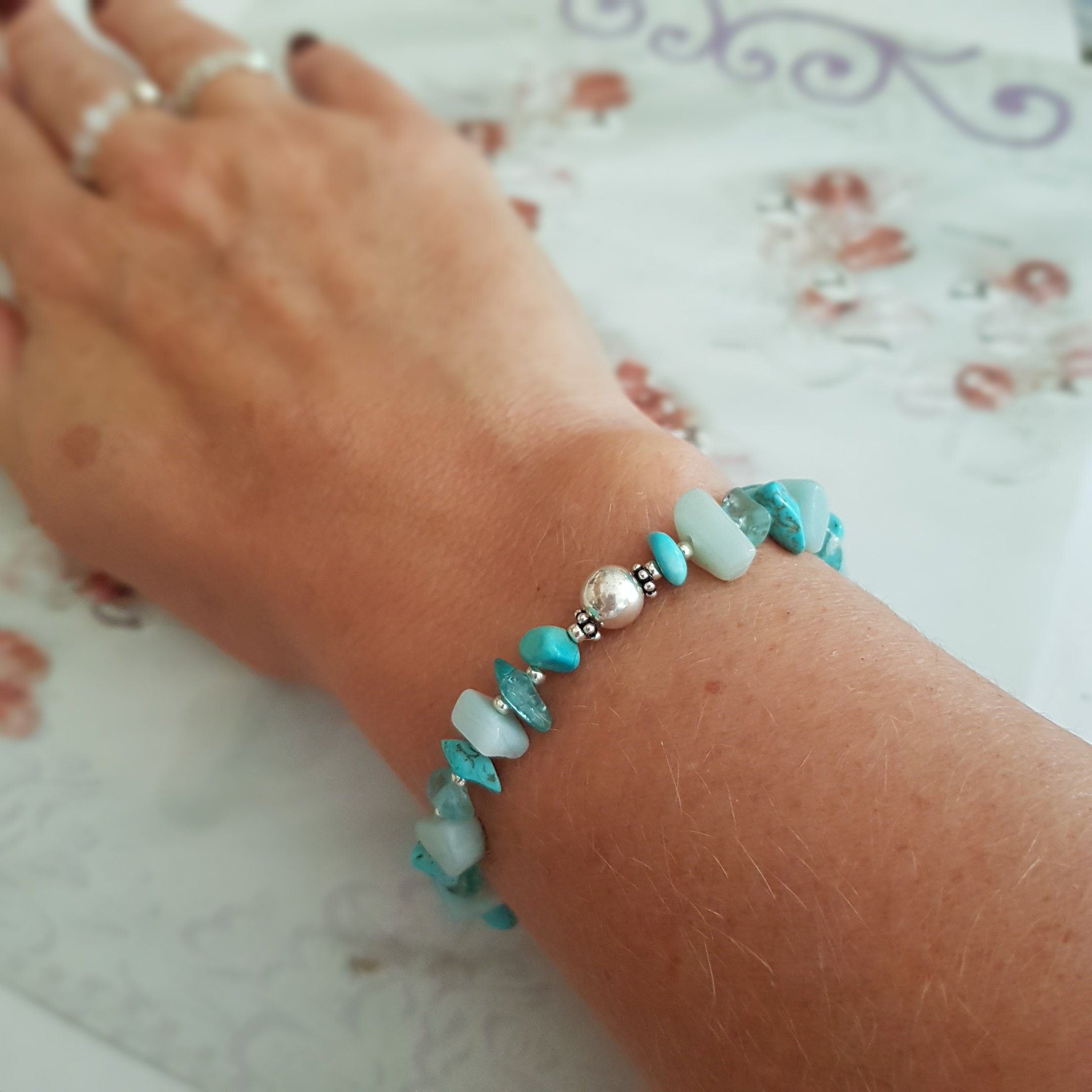 Multi gemstone STRETCH Bracelet RAW Turquoise Apatite and Amazonite ...