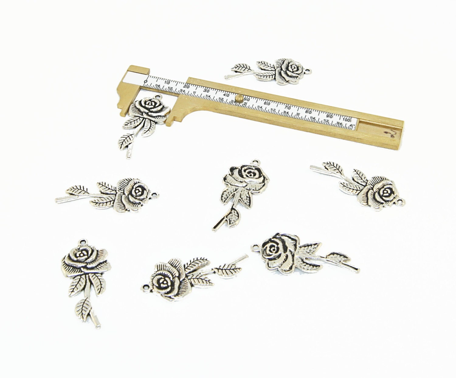 6 Rose Charms Large Silver Rose Pendants Rose Stem Charm - Etsy