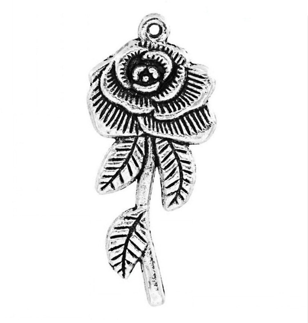6 Rose Charms Large Silver Rose Pendants Rose Stem Charm - Etsy