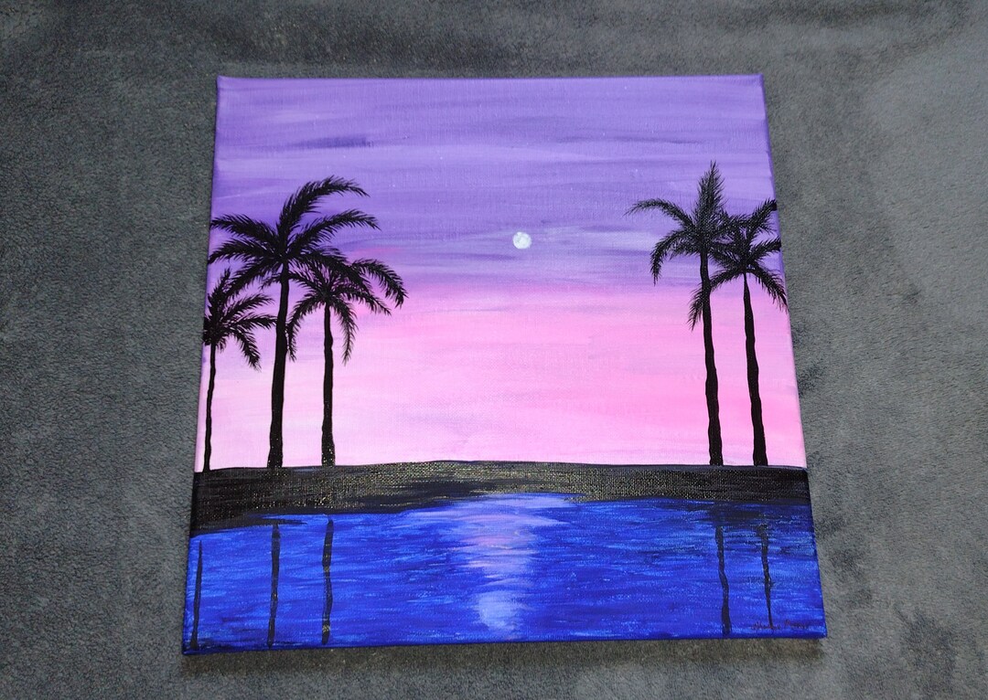 Watercolor & Acrylic Painting 12x12 Stretched Canvas "paradise at Dusk ...