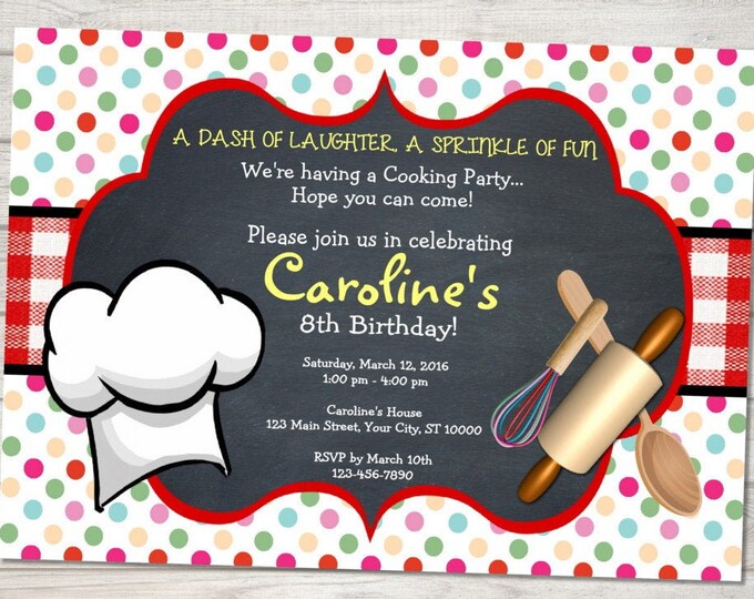 Cooking Party Invitation, Chef Baking Birthday Party Invitation, Dots ...