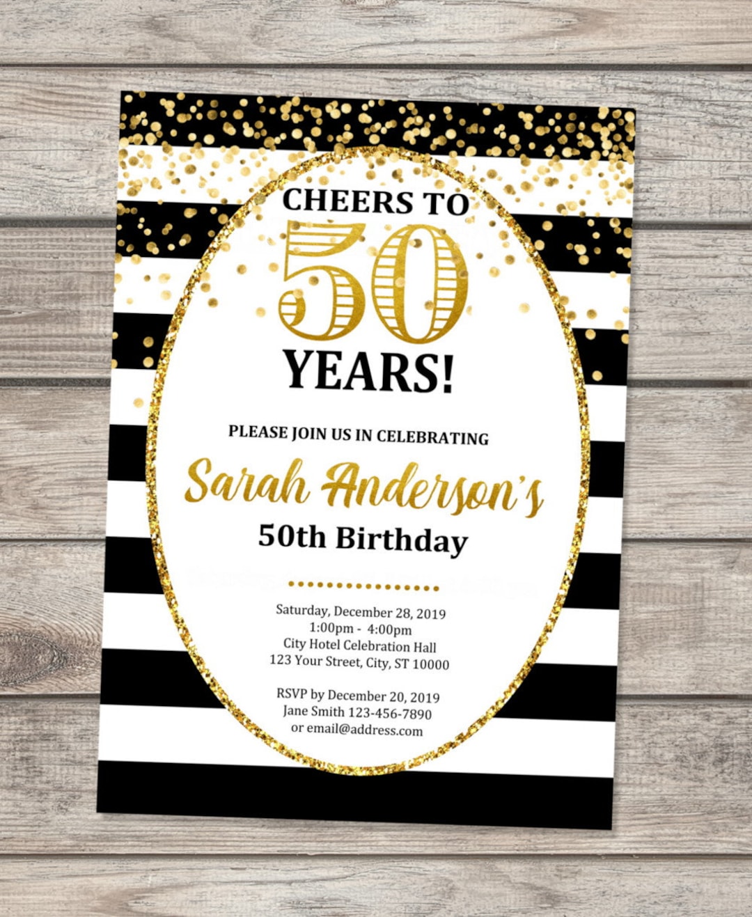 50th Birthday Invitation, Black White Stripes & Gold Confetti 50th ...