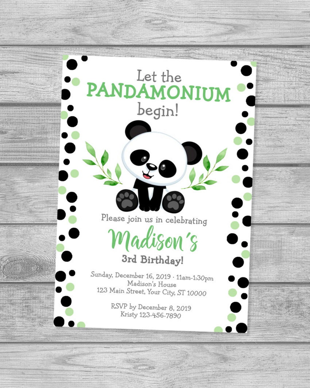 Panda Birthday Invitation, Panda Bear Invitation, Panda Green & Black ...