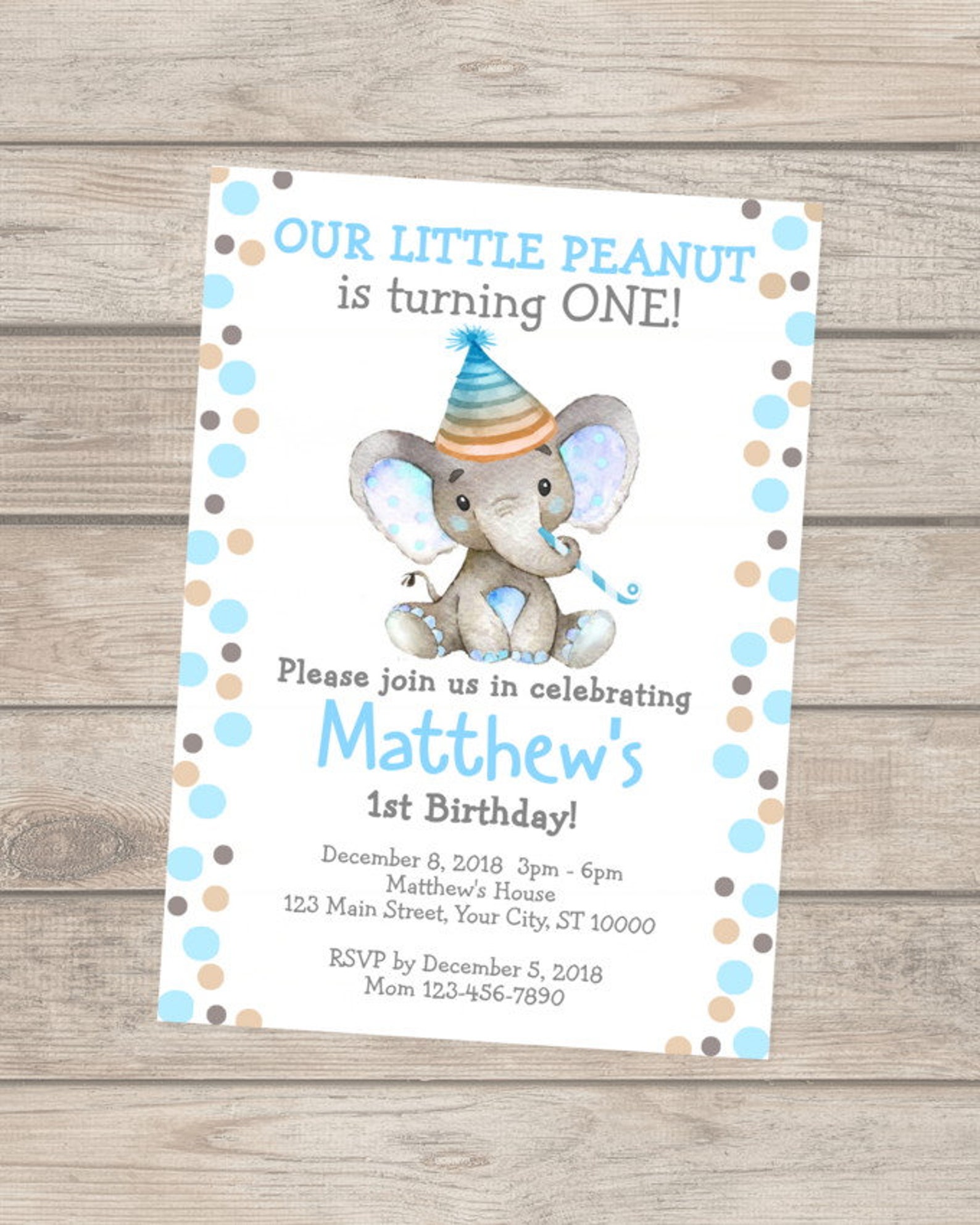 Elephant Birthday Invitation Boy Elephant 1st Birthday | Etsy