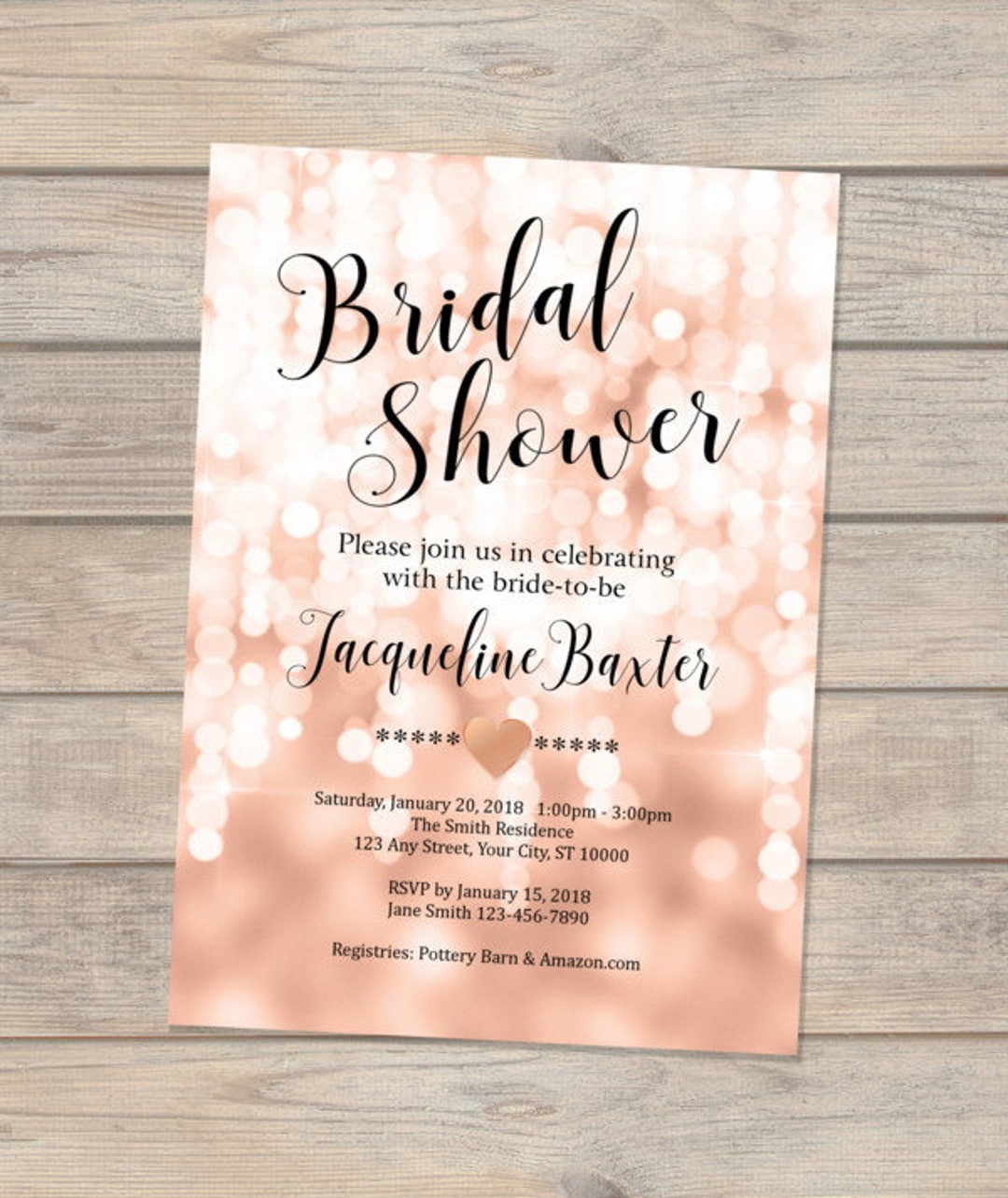 Rose Gold Bokeh Bridal Shower Invitation, Custom Personalized Rose Gold ...