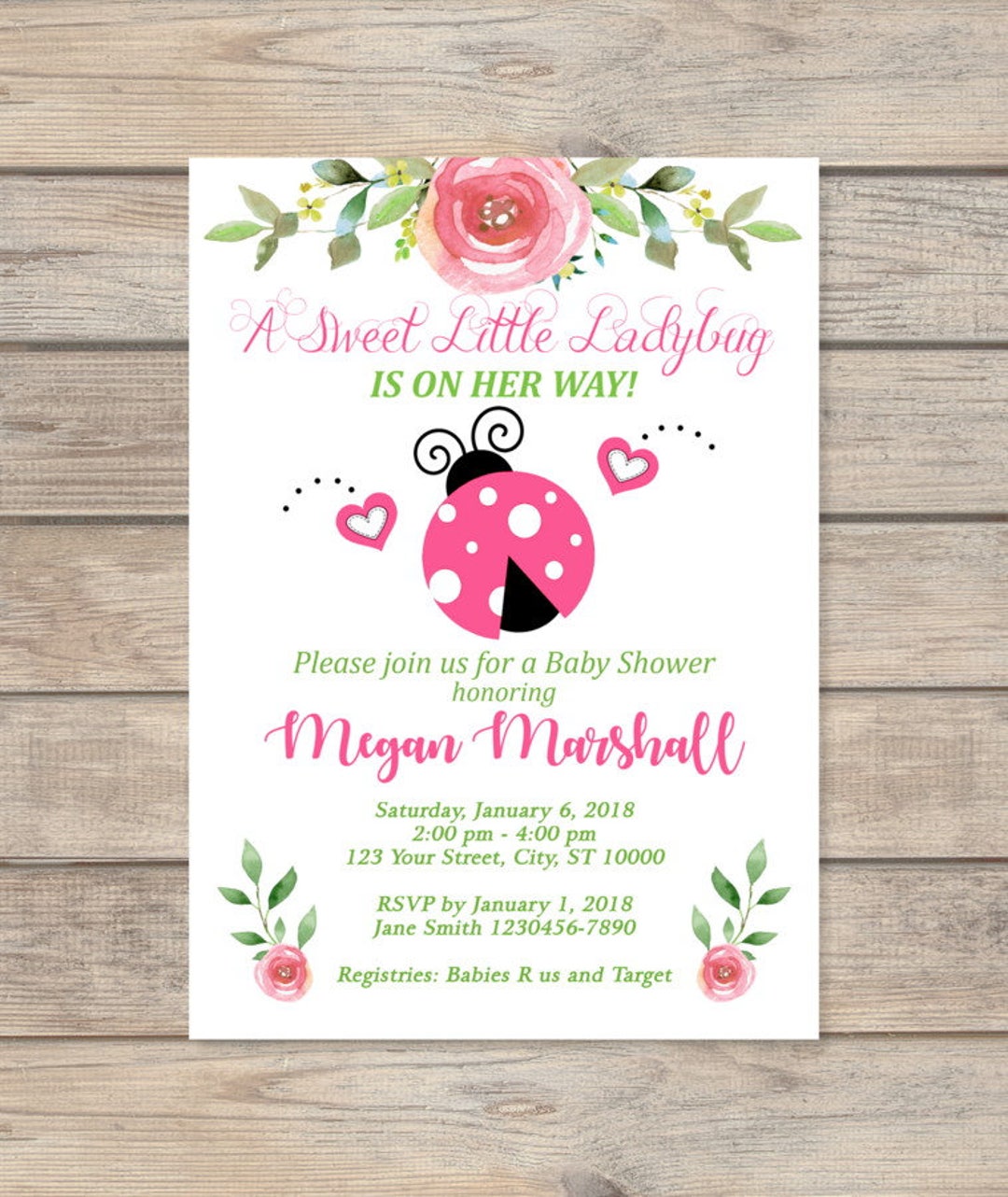 Little Ladybug Baby Shower Invitation, Cute Baby Lady Bug Invite, Baby ...