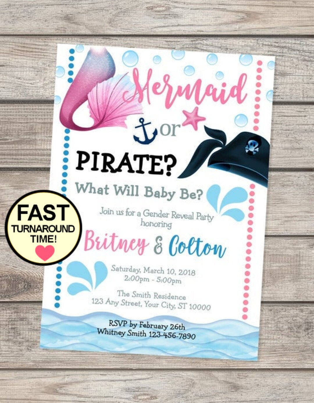 Mermaid or Pirate Gender Reveal Invitation, Custom Under the Sea Gender ...