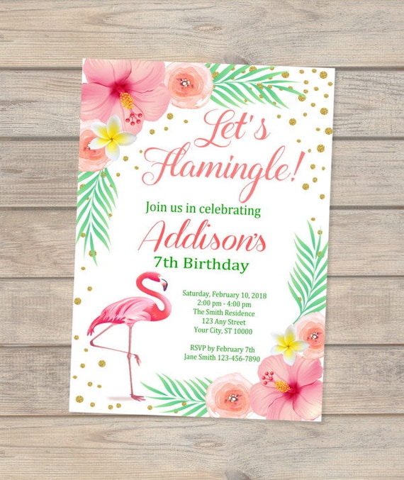 Flamingo Birthday Invitation, Tropical Pink Flamingo Invitation, Let's ...