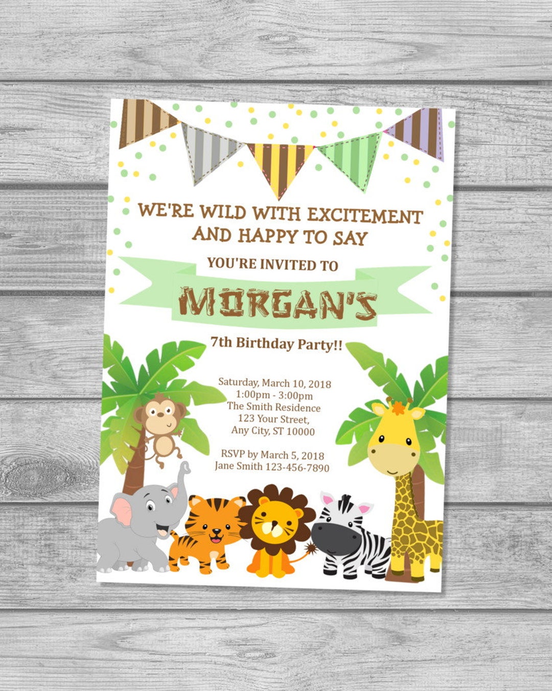Safari Birthday Invitation, Custom Jungle Animals Birthday Party Invite ...