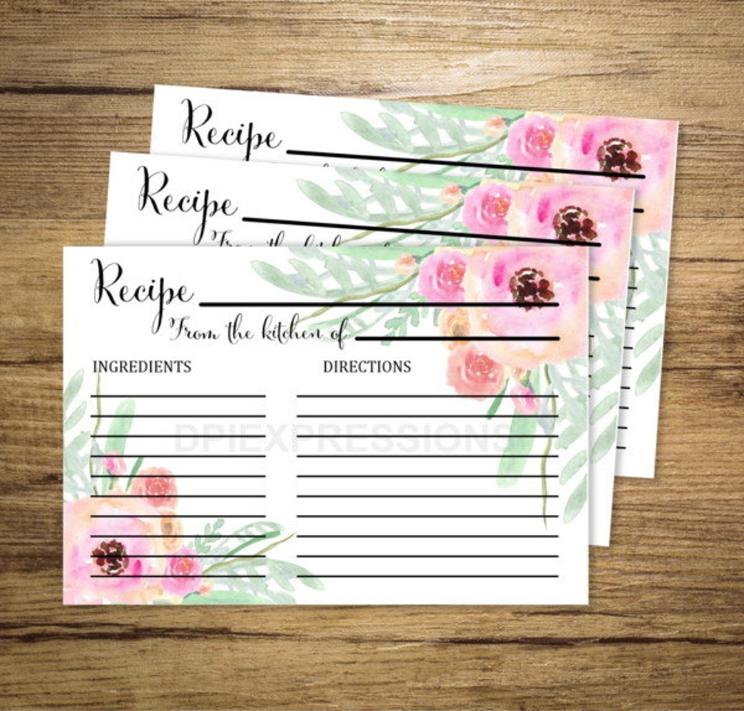 Printable Recipe Cards, Watercolor Flowers Recipe Cards, 4x6 Recipe ...