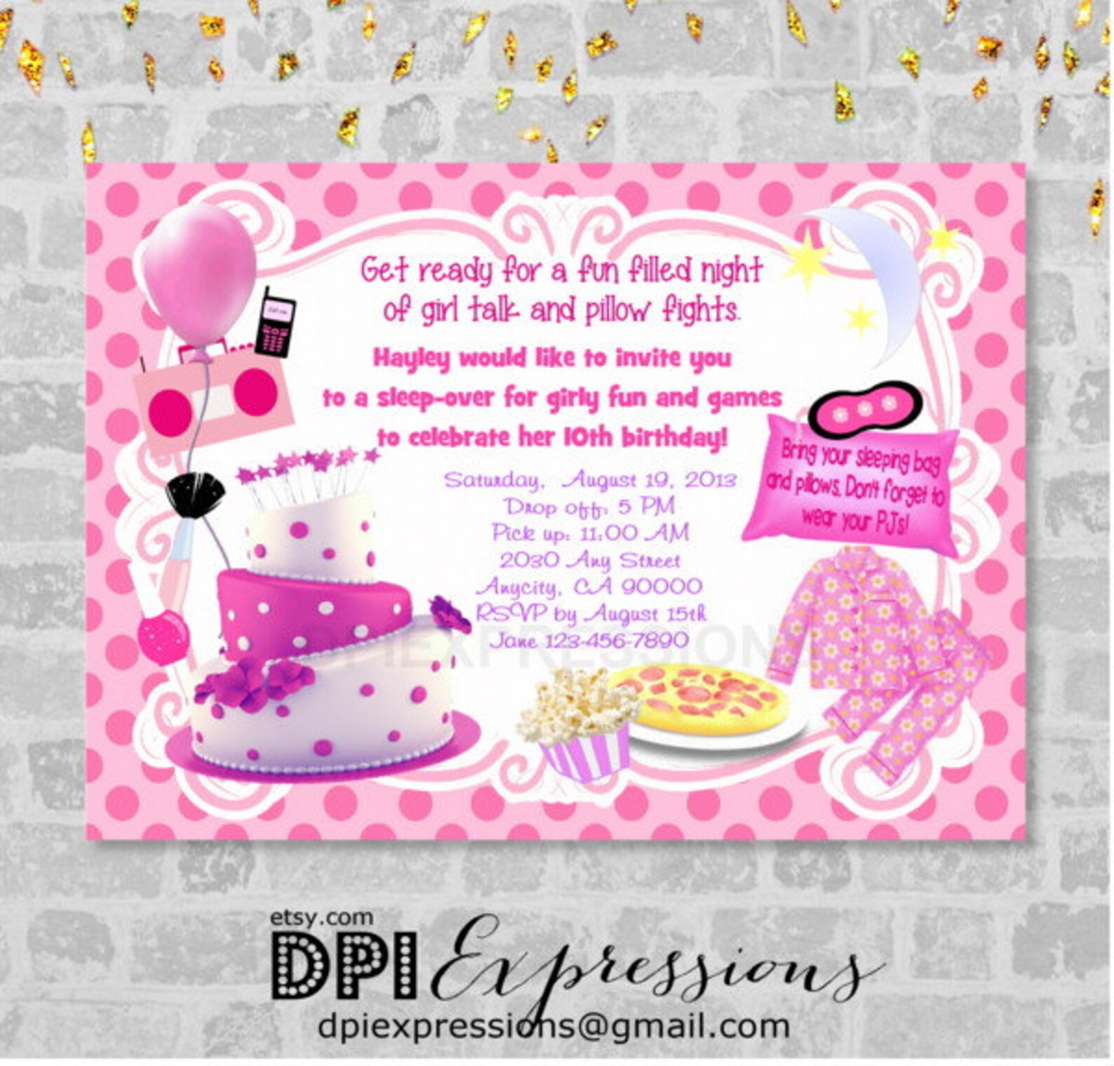 Sleepover Girls Night Birthday Party Invitation Pink Polka | Etsy