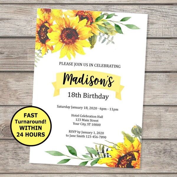 Personalized Sunflower Birthday Invitations - Etsy