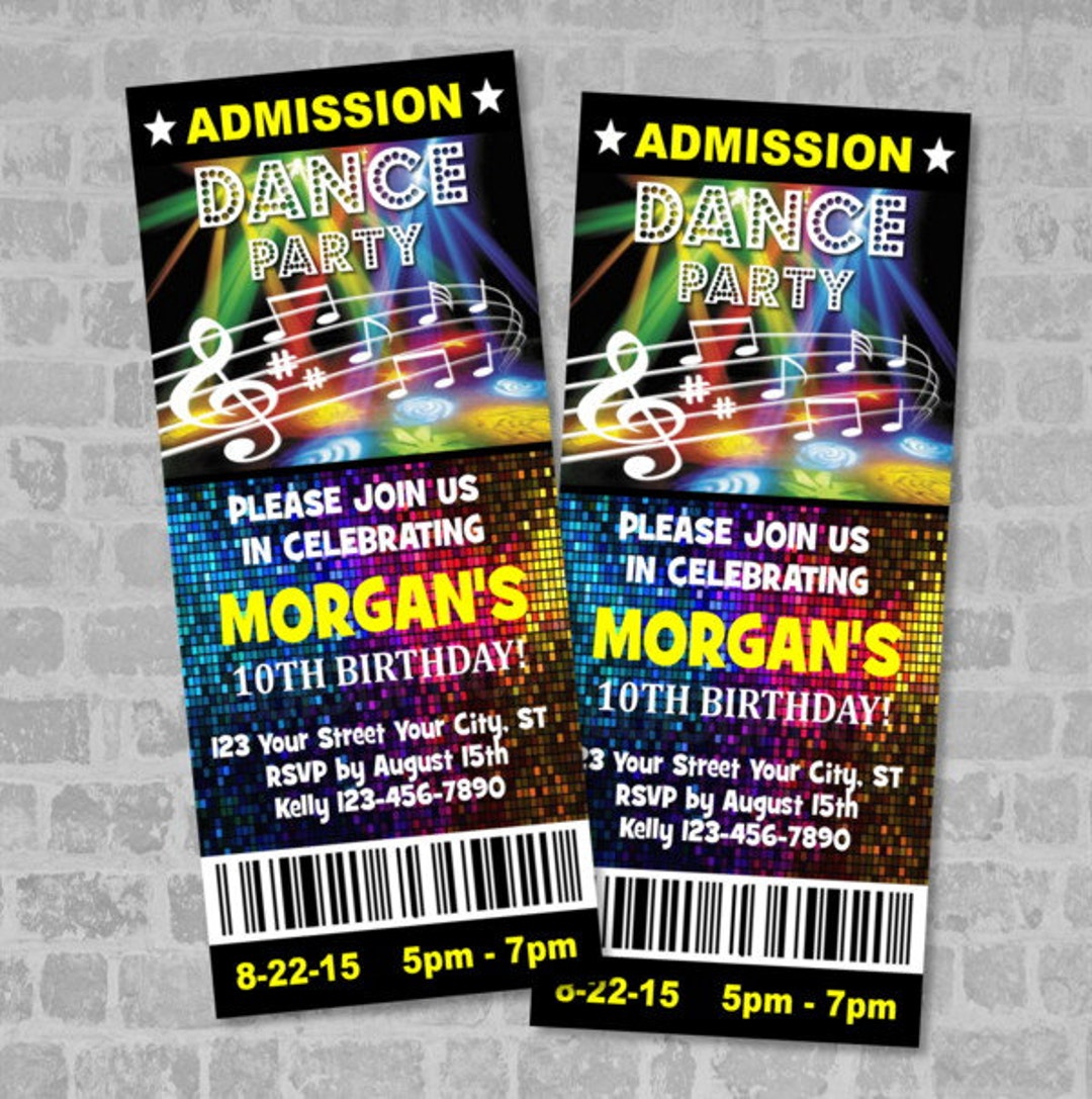 Ticket Dance Party Invitation, Custom Boy or Girl Disco Lights Dance ...