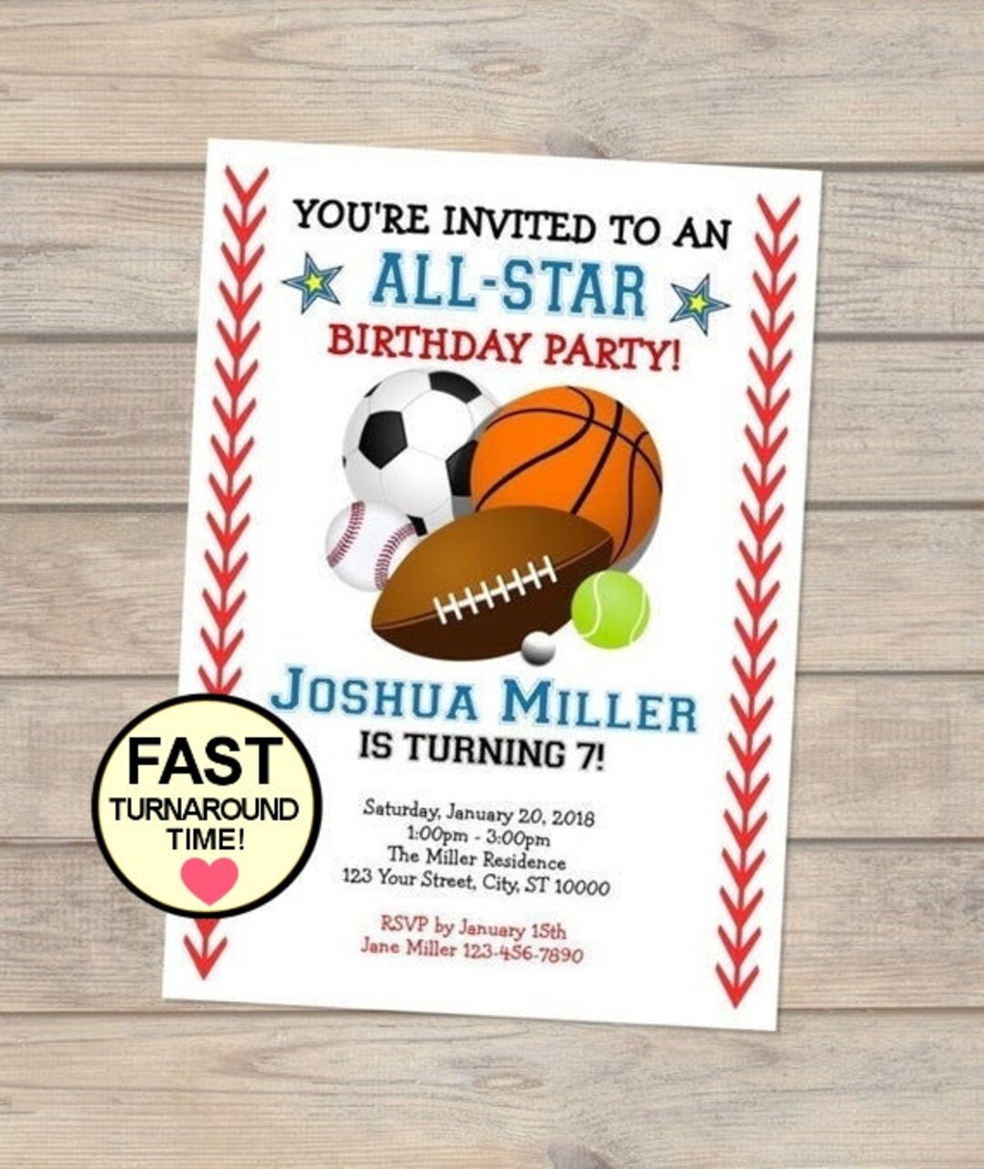 All Star Sports Birthday Party Invitation, Allstar Sports Theme ...