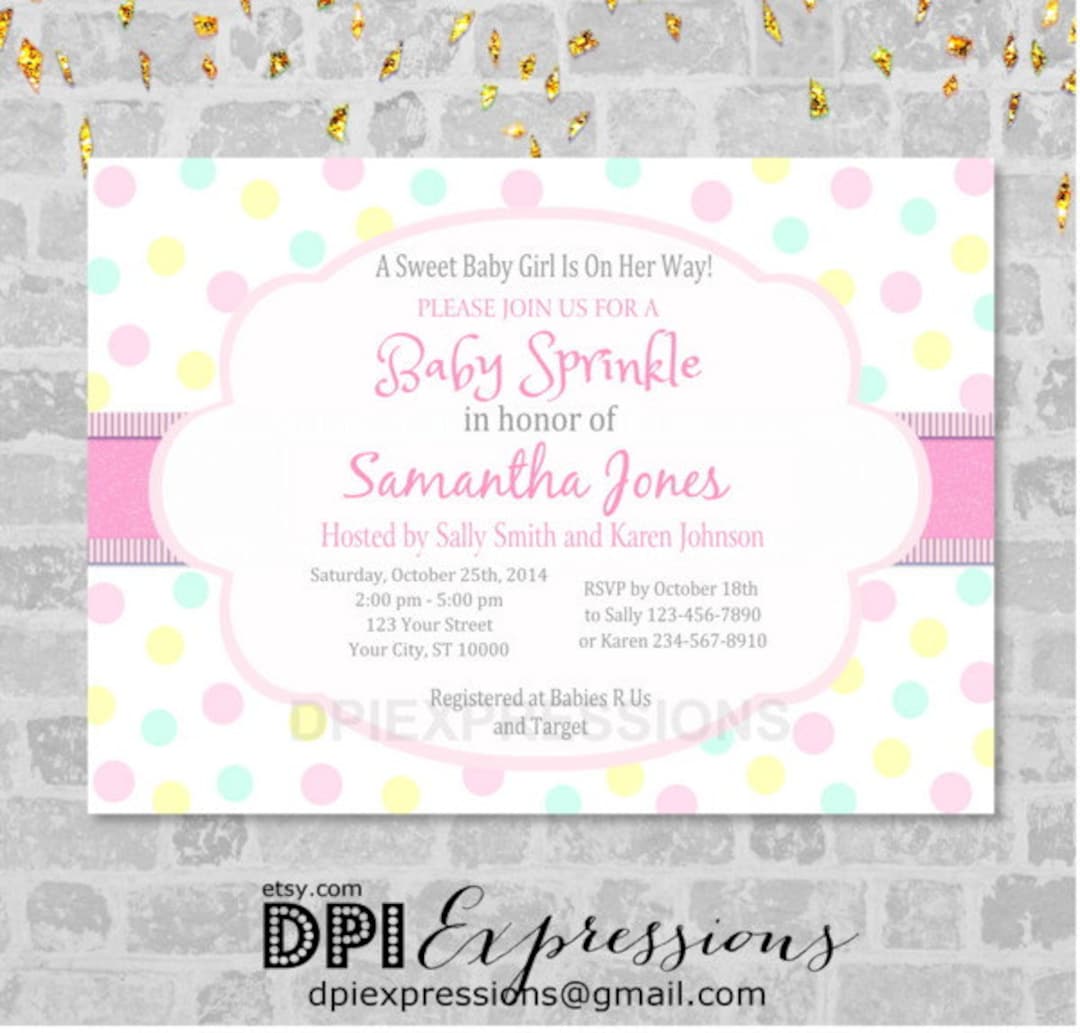 Girl Baby Sprinkle Invitation, Printable Pastel Polka Dots Sprinkles ...