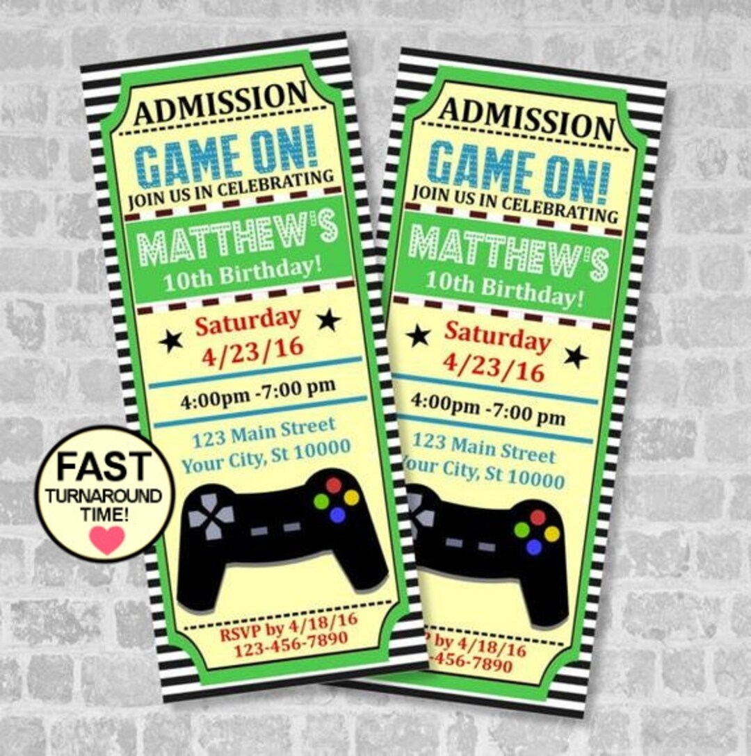 Gaming Birthday Party Ticket, Video Games Party Ticket Invitations ...