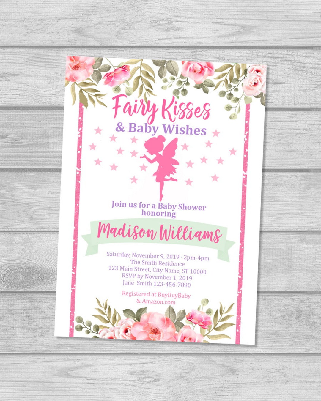 Fairy Baby Shower Invitation, Fairy Kisses Baby Wishes Magical ...