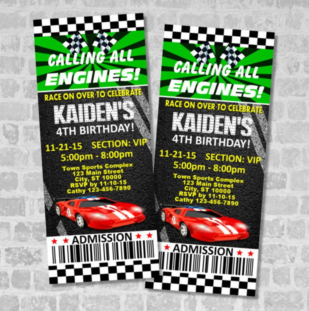 Race Car Birthday Party Ticket Invitation, Custom Racing Party Ticket ...
