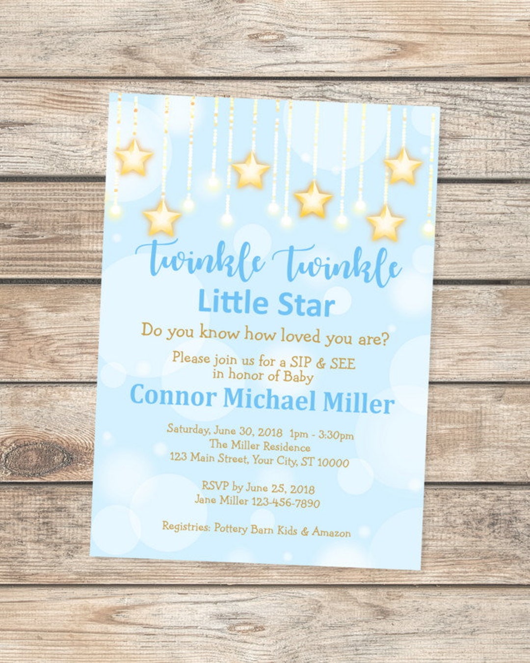 Twinkle Twinkle Little Star Sip and See Invitation, Blue and Gold Sip N ...