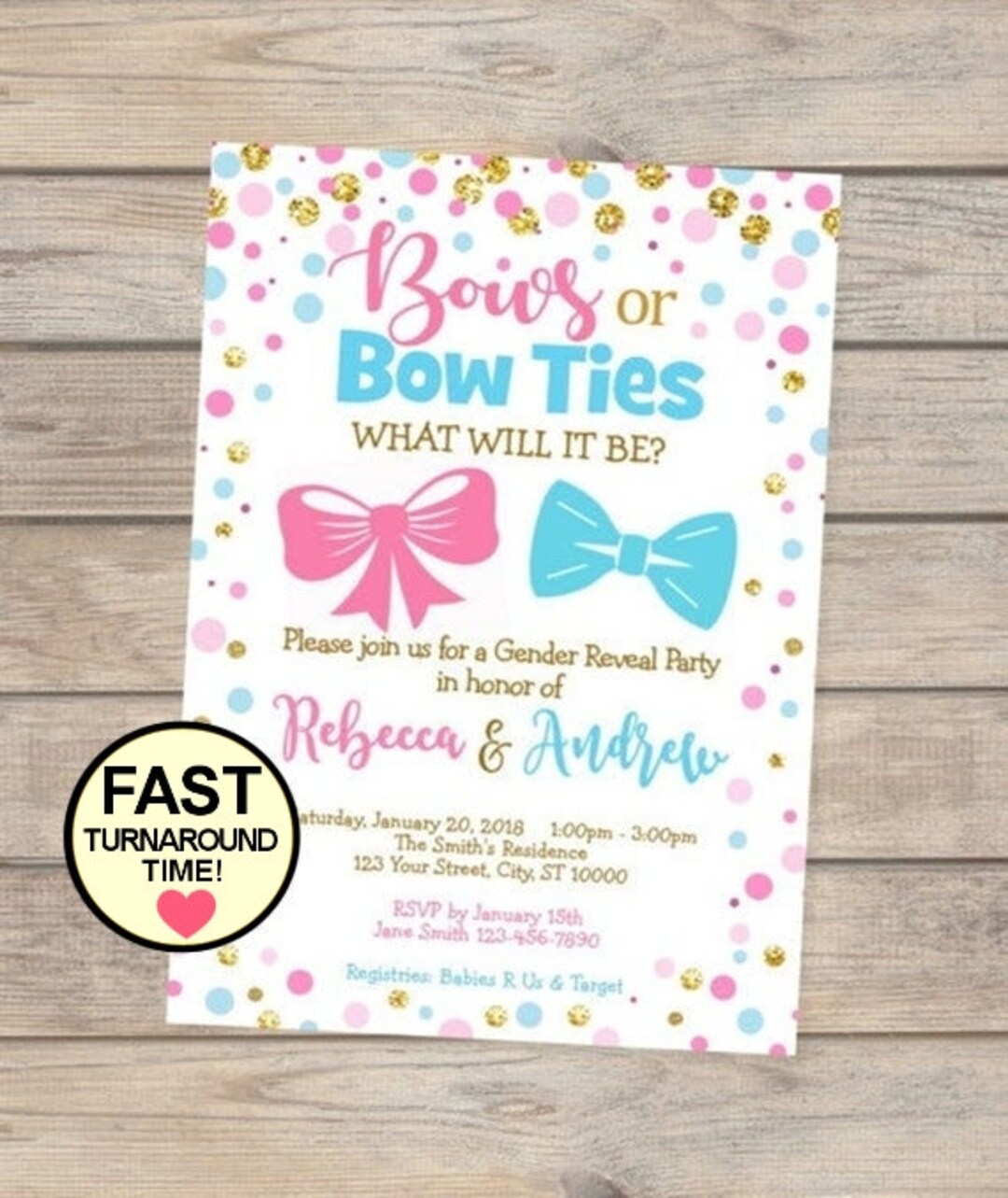 Bows or Bow Ties Gender Reveal Invitation, Pink, Blue Gold Confetti ...