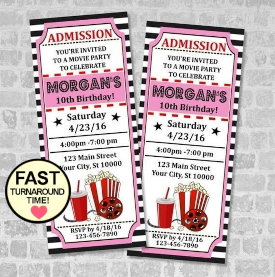 Movie Ticket Birthday Party Invitation, Custom Vintage Style Movie ...