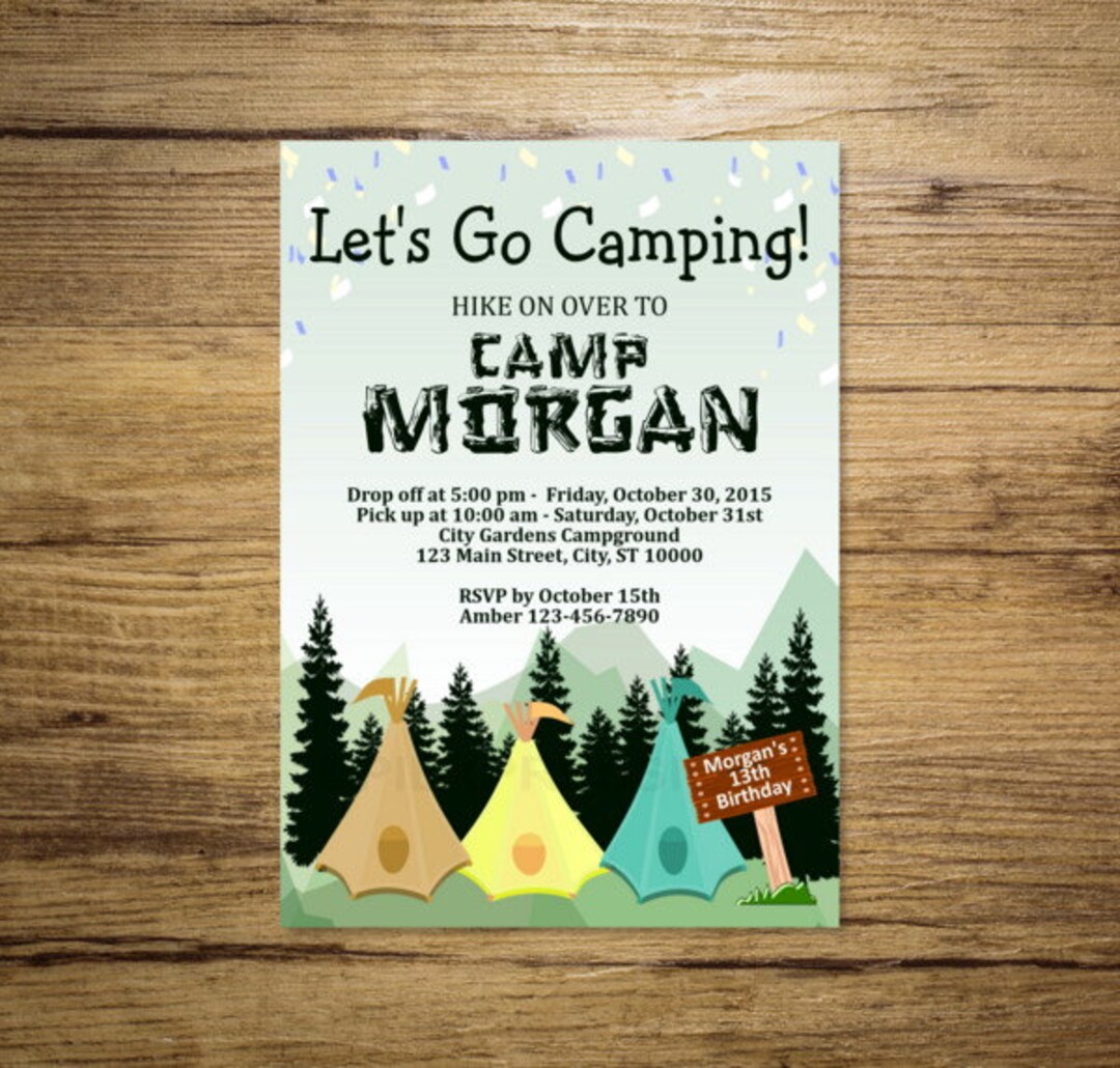 Camping Birthday Party Invitation, Camping Weekend, Mountains and Pine ...