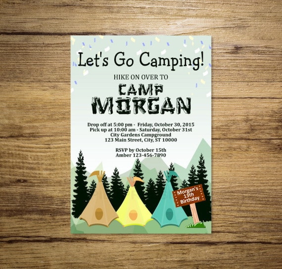 Camping Birthday Party Invitation, Camping Weekend, Mountains and Pine ...