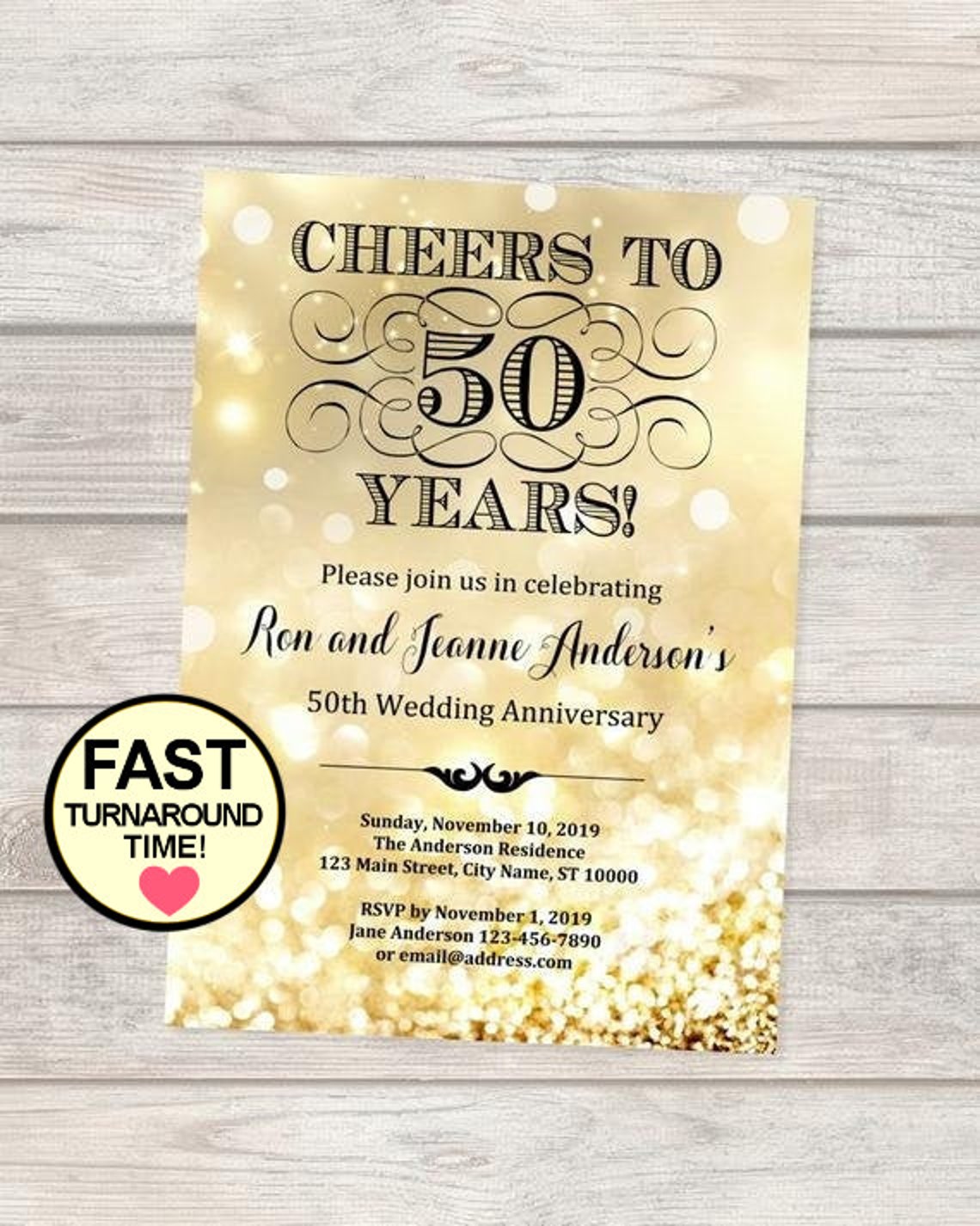 Golden Wedding Anniversary Invitation Gold Bokeh 50th - Etsy