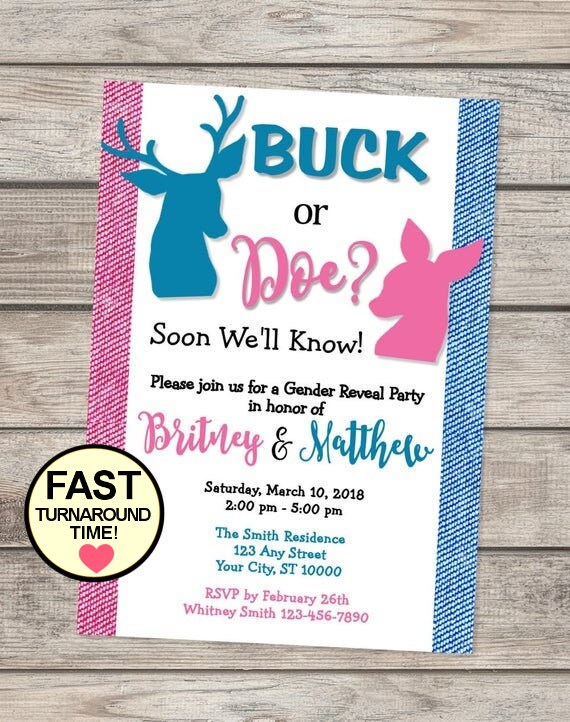 Buck Or Doe Gender Reveal Invitation, Pink And Blue Denim Baby Shower ...