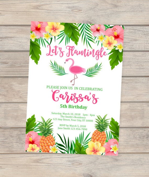 Flamingo Birthday Invitation, Tropical Pink Flamingo Invitation, Let's ...