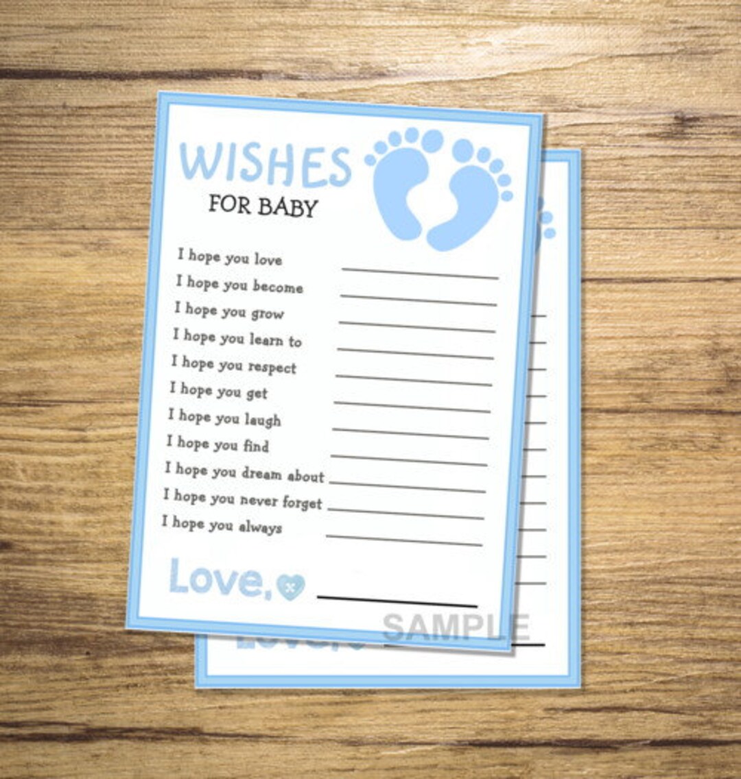 Printable Wishes for Baby, Boy Baby Shower Game, Blue Baby Footprints ...