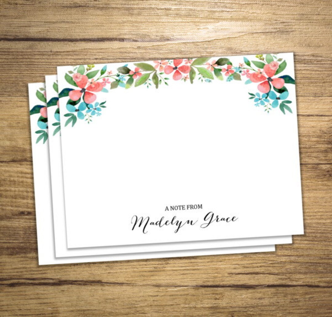 Custom Notecards, Personalized Flat Cards Set of 15, Floral Garden ...