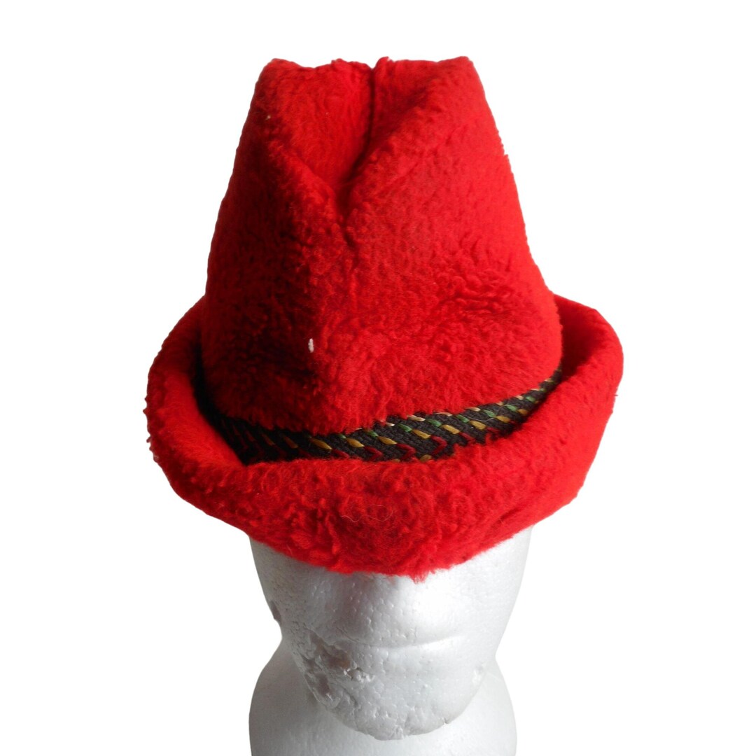 Vintage Bright Red Tyrolean / Alpine Fedora Like Style Hat W/ Ear Flaps ...