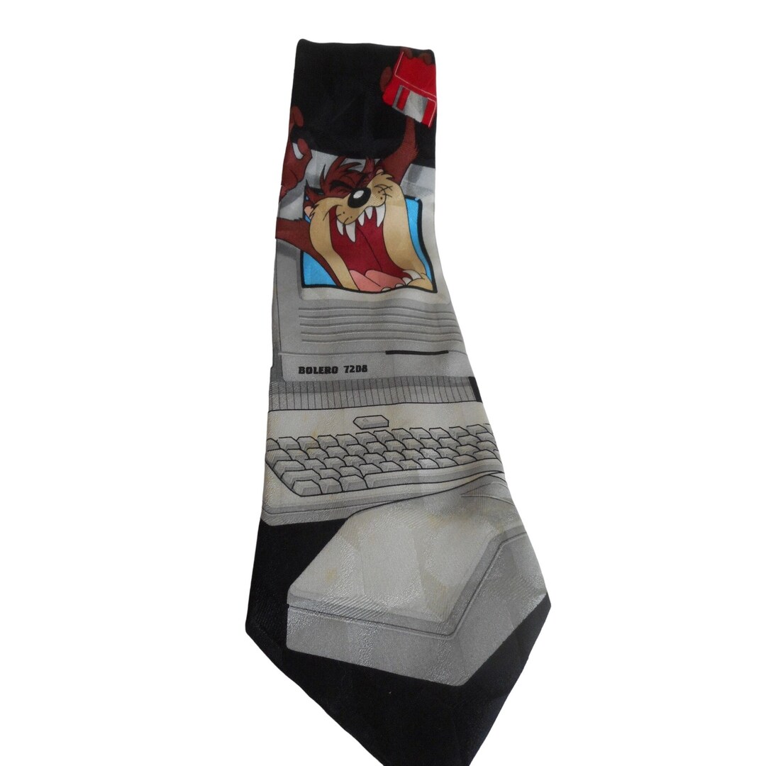 Vtg 100% Silk Necktie Tazmanian Devil Taz Computer IT Floppy Disc ...
