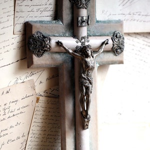 Ornate Antique Blue Velvet Cross Jesus Metal Religious Silver Crucifix ...