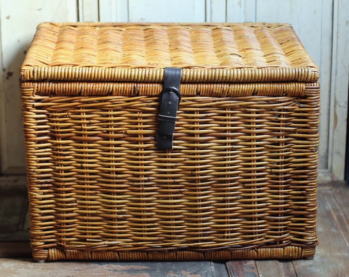 Large Folding Vintage Wicker Trunk Storage Chest Wicker Linen Laundry ...