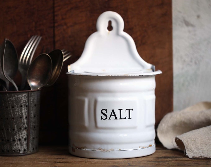 Antique Enamel Salt Storage Box / Cellar / Kitchen Canister Art Deco ...