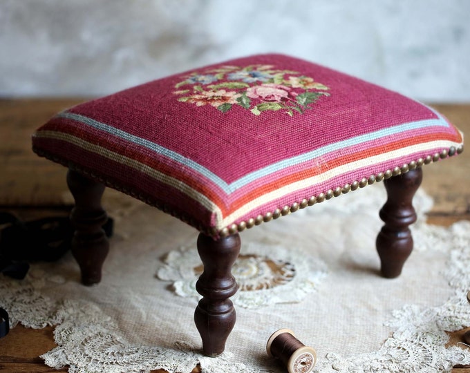 French Antique Embroidered Wooden Foot Stool Floral Embroidery ...