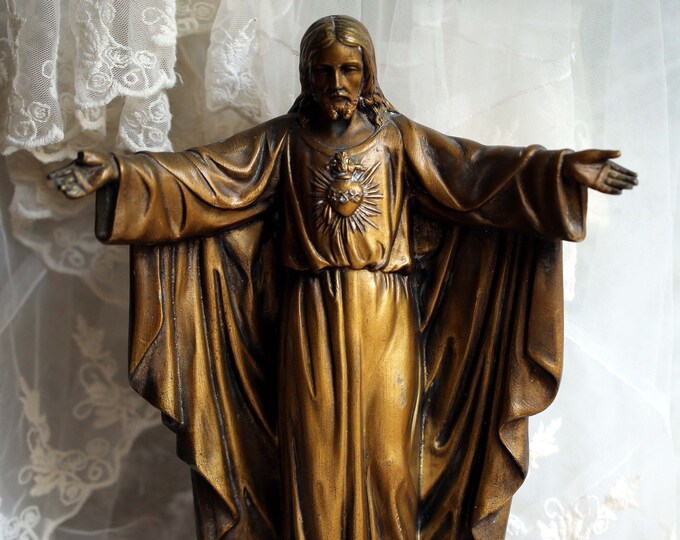 Antique French Jesus Statue Sacred Heart Bronze Metal Christ Figurine ...