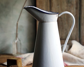 Large Antique Blue & White Floral Enamel Pitcher French Metal Jug - Etsy