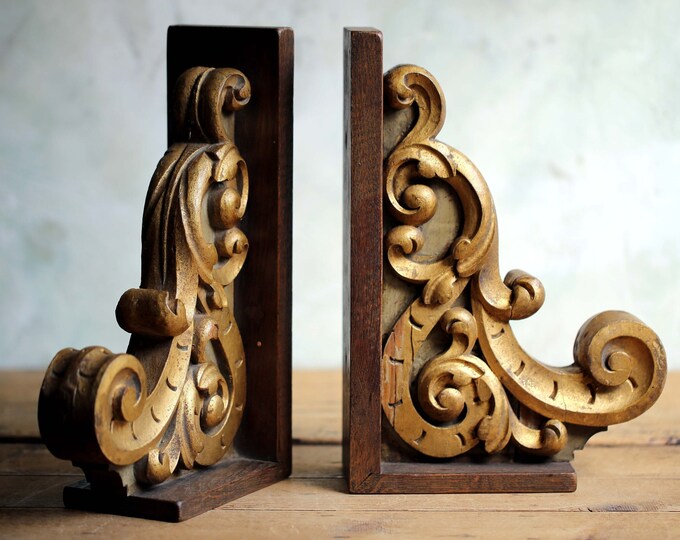 Large Antique French Wooden Bookends Gilded Corbels Pair of Gold Gothic ...