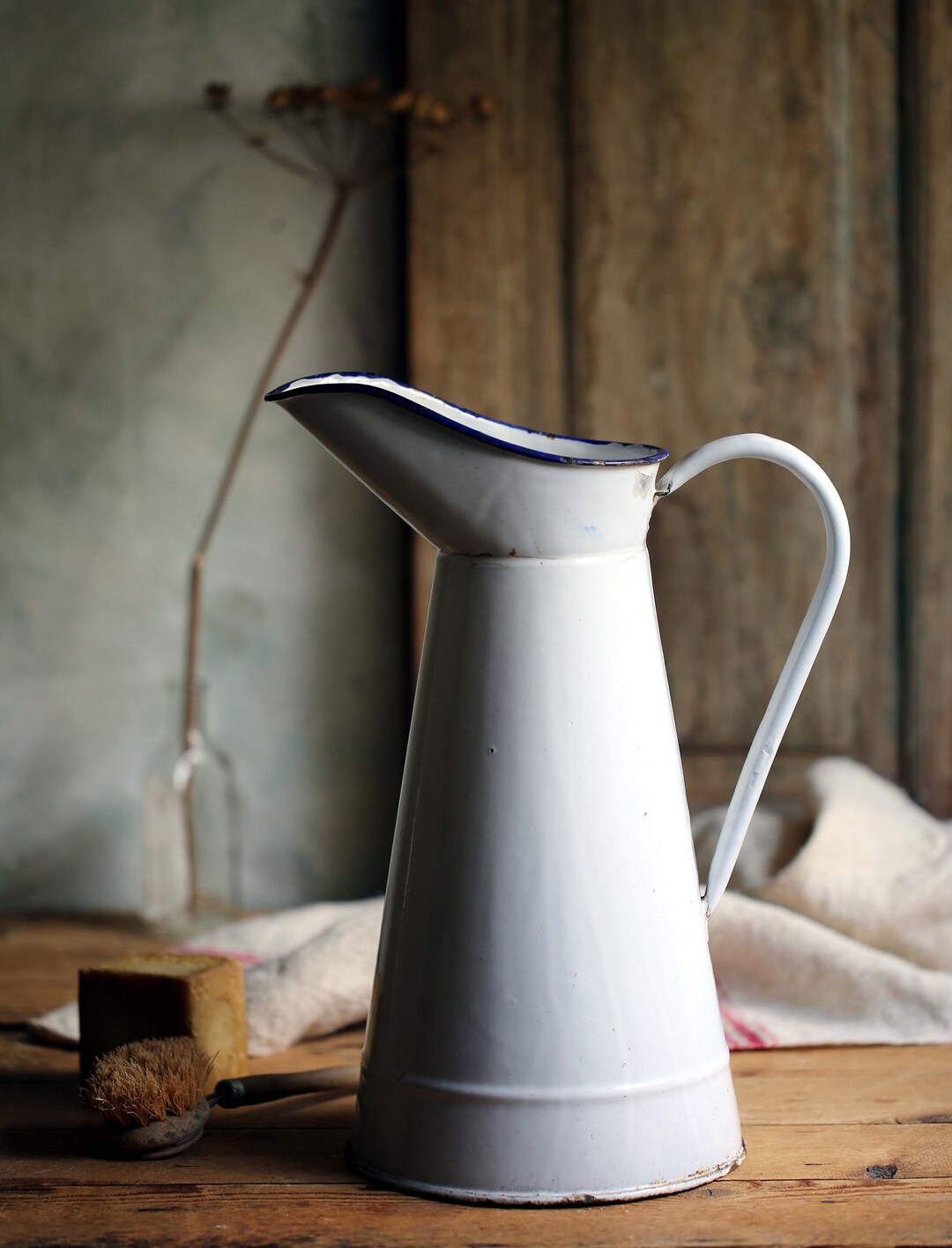 Large Antique White & Blue Enamel Pitcher French Metal Jug - Etsy